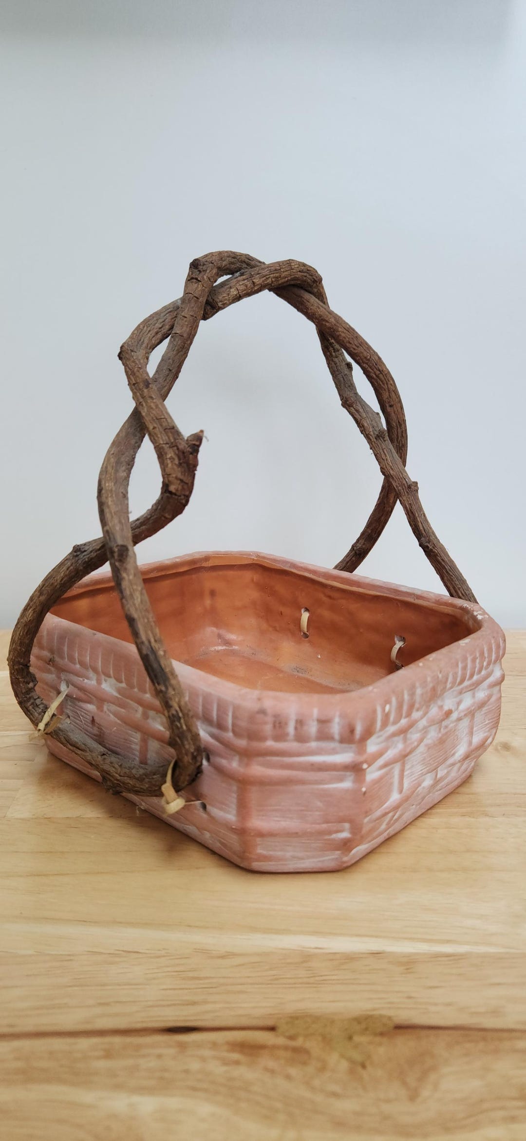 Vintage Rustic Terracotta Basket With Real Branch/vine Handle/rustic ...