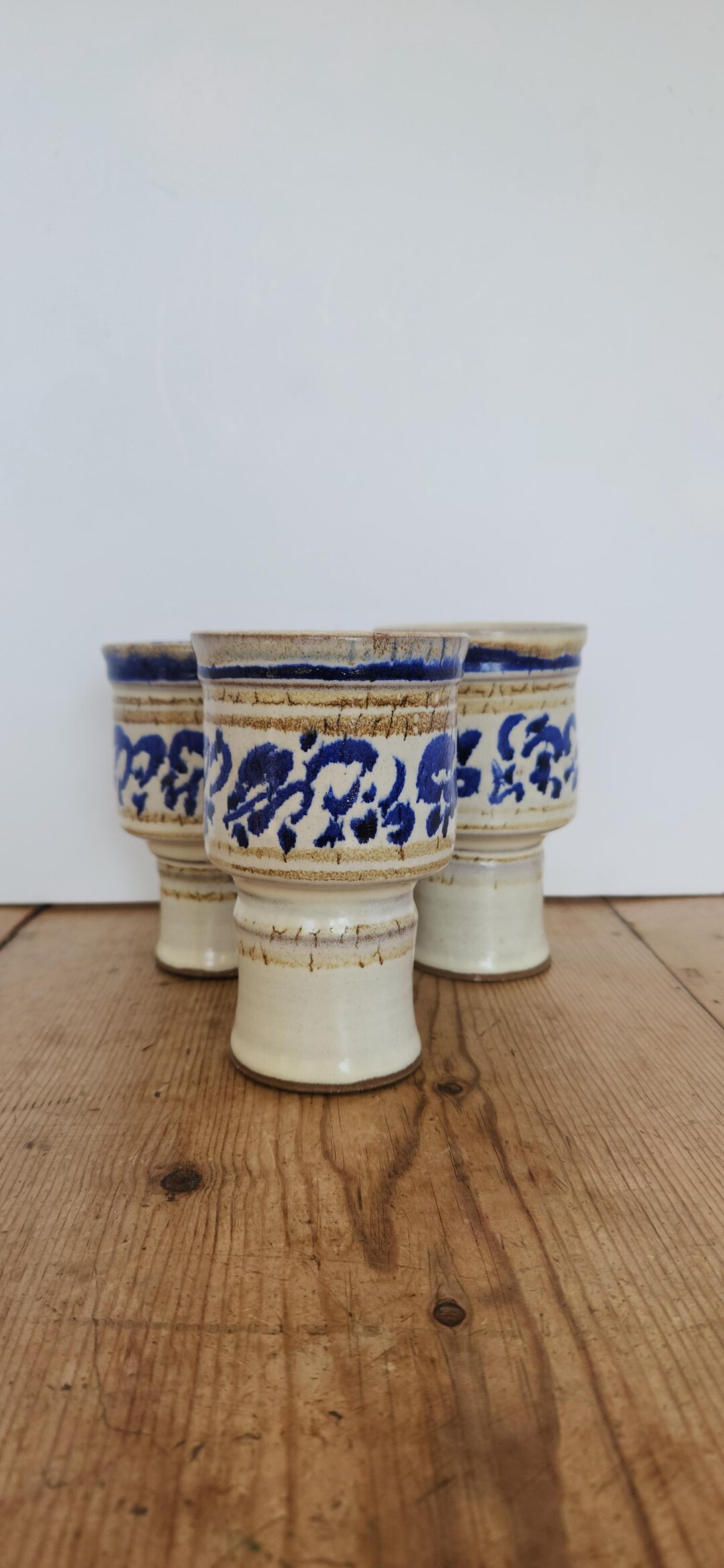 Vintage Set of 3 Handmade Ceramic Blue and White Mid Century Modern ...