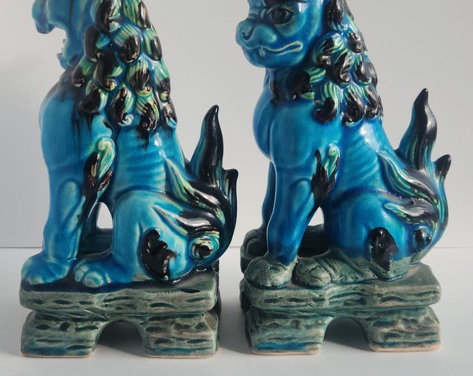 Vintage Mid-century Blue Glazed Japanese Foo Dogs, Andrea by Sadek ...