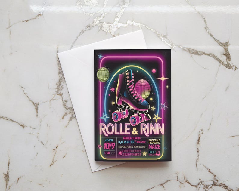 Retro Roller Rink Party Invitation | Neon Digital Invite With Roller ...