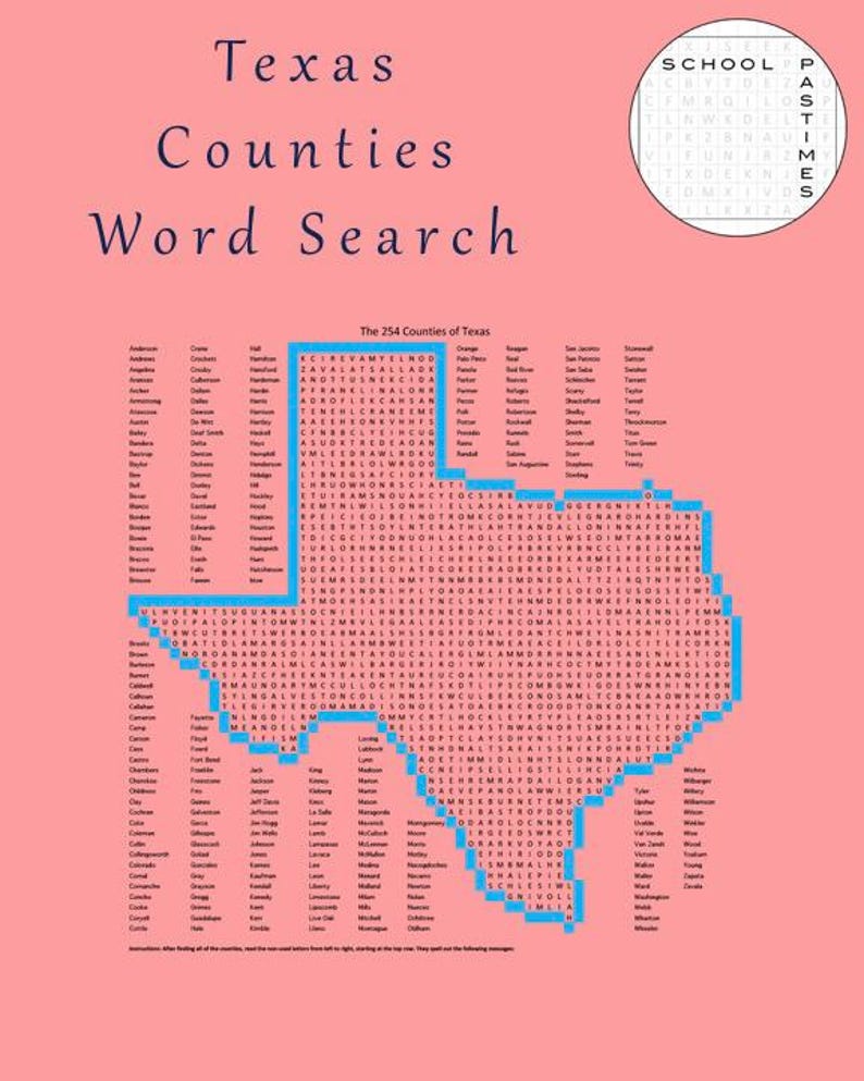 Texas Counties Printable Word Search Puzzle - Etsy