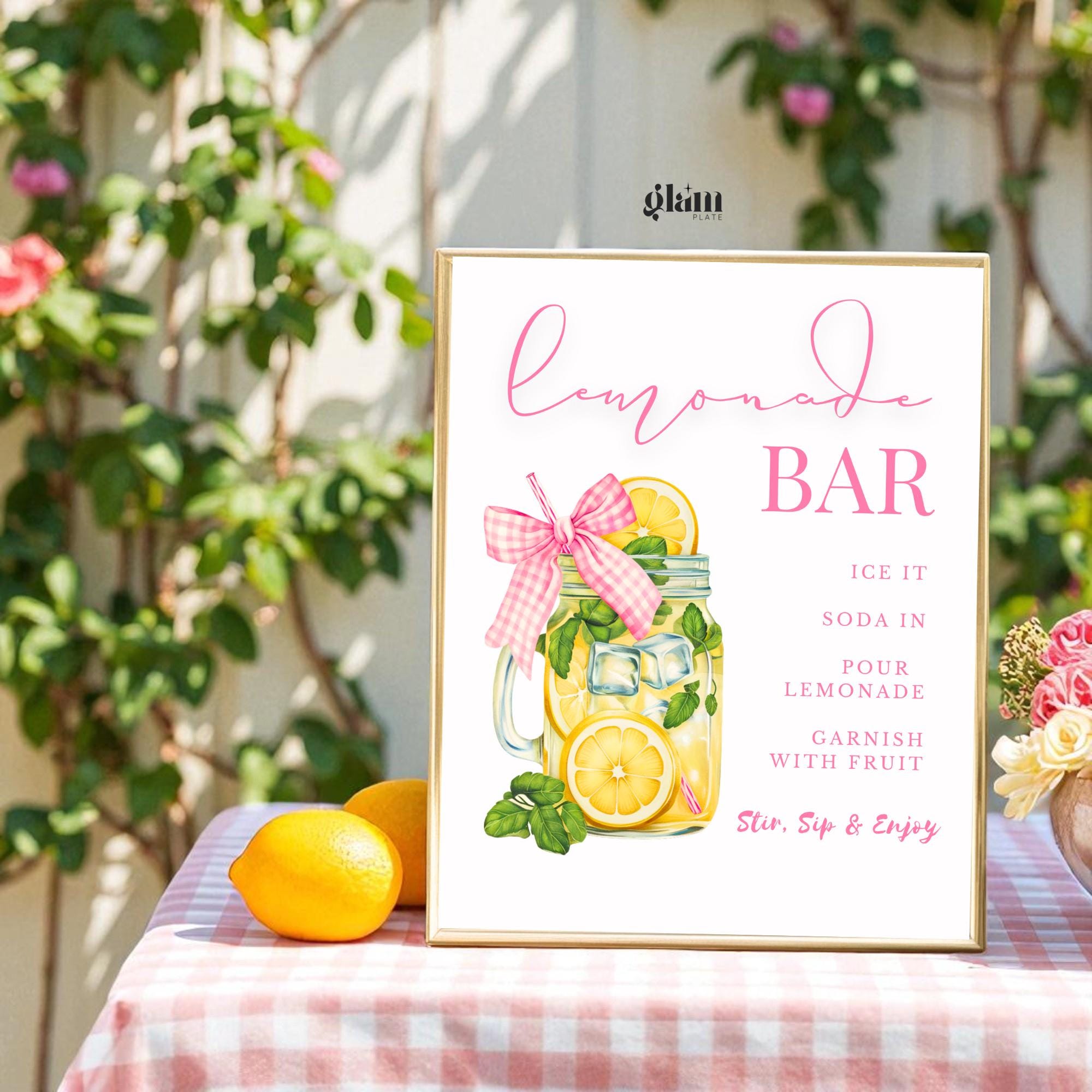 Lemonade Bar Sign Canva Template Coquette Pink Gingham Party Sign Baby ...