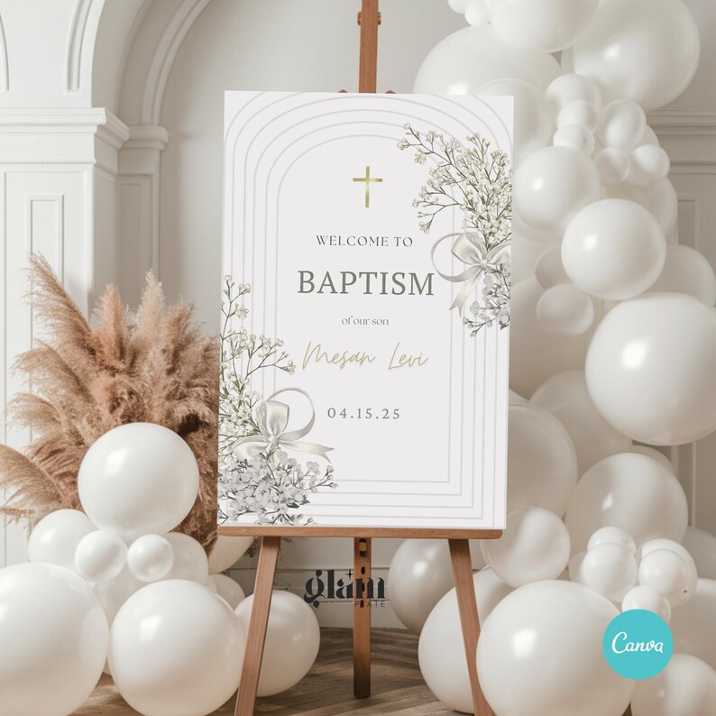 Modern Bow Baptism Baby Breath Welcome Sign Sage Green Baptism Welcome ...