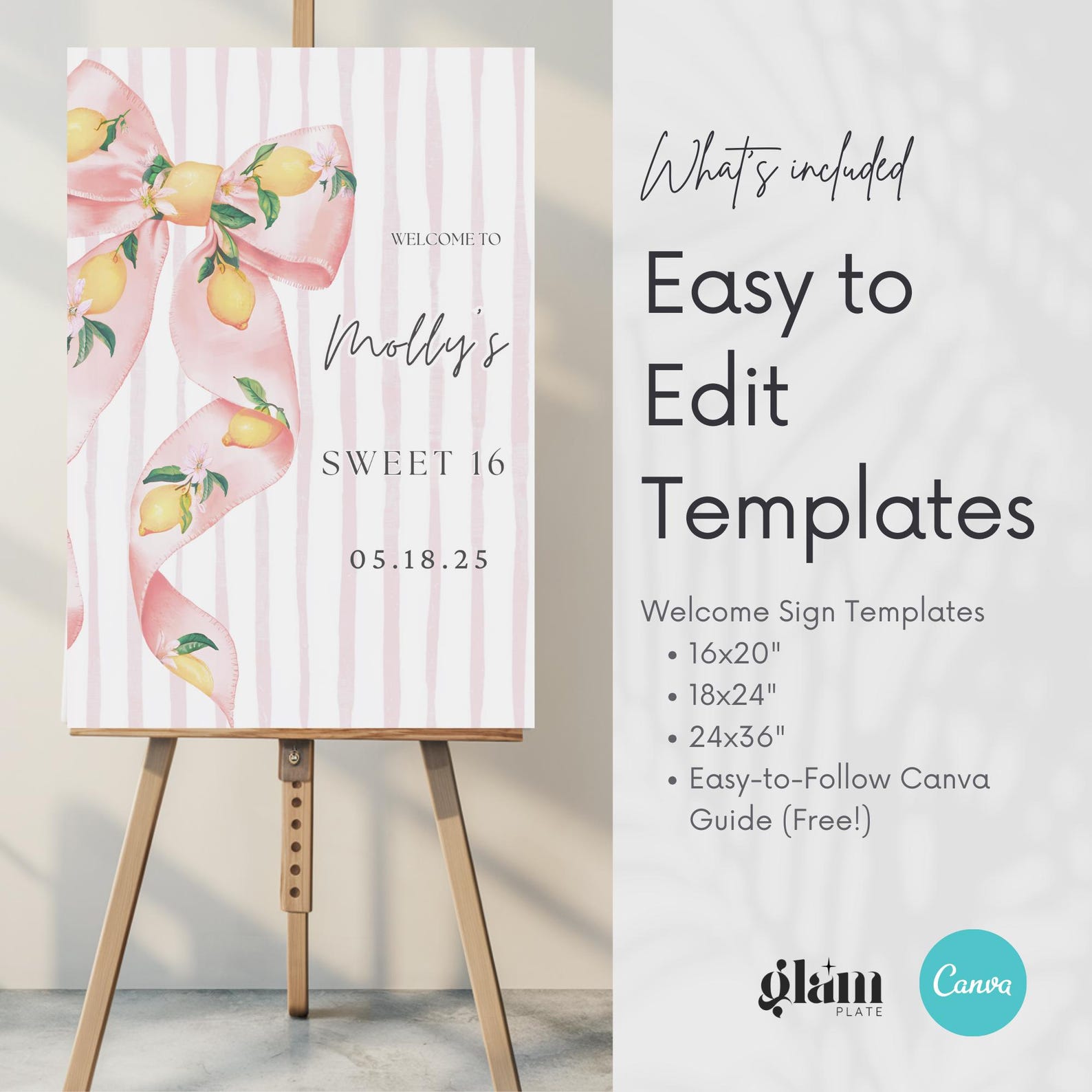 Lemon Welcome Sign Template Sweet 16 Pink Bow Summer Party Sign ...