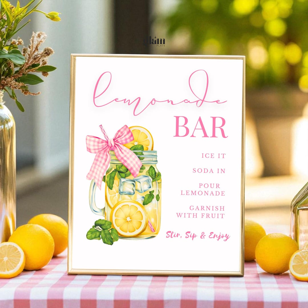 Lemonade Bar Sign Canva Template Coquette Pink Gingham Party Sign Baby ...