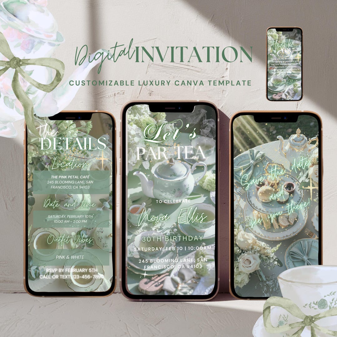 Sage Green Tea Party Birthday Invite,tea Party Invitation Digital ...