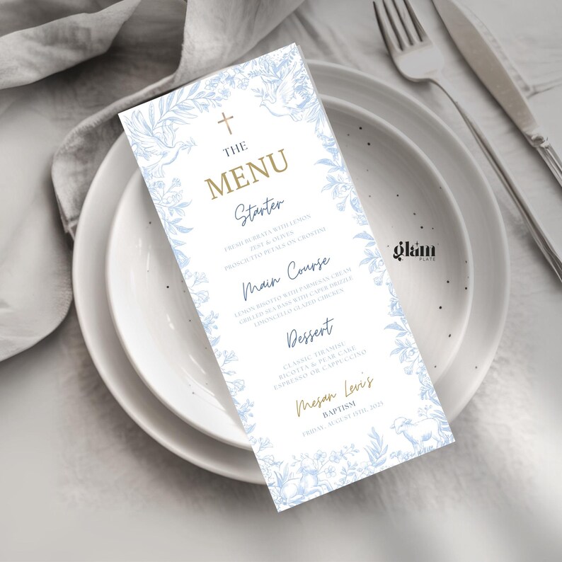 Blue Boys Baptism Toile Style Editable Menu 4x9 Template,modern Boy ...