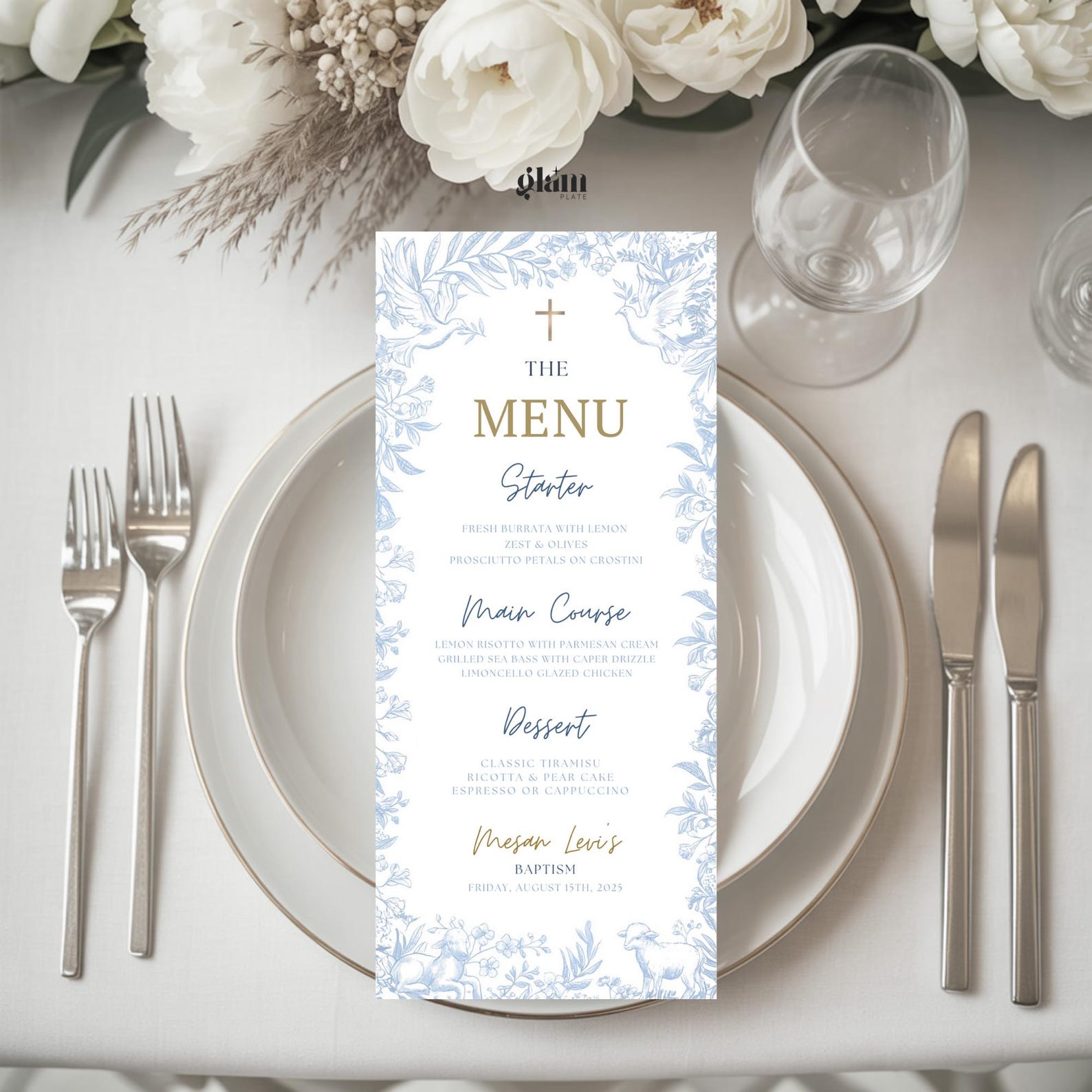 Blue Boys Baptism Toile Style Editable Menu 4x9 Template,modern Boy ...
