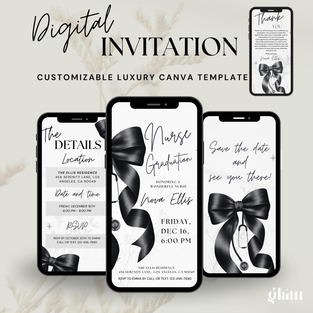 Animated Nursing Graduation Invites| Editable Black Bow RN Grad Invite ...