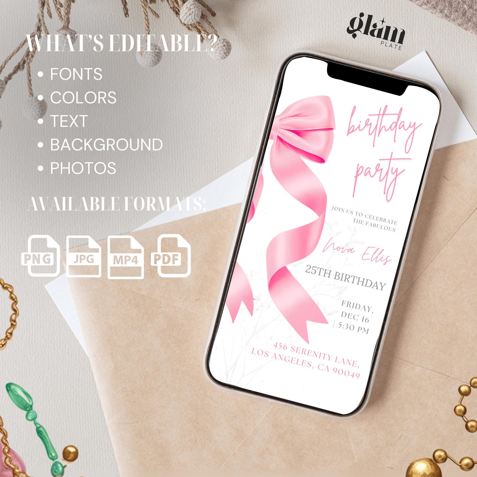 Animated Pink Bow Birthday Invite,pink Coquette Bow Invite,pink Bow ...