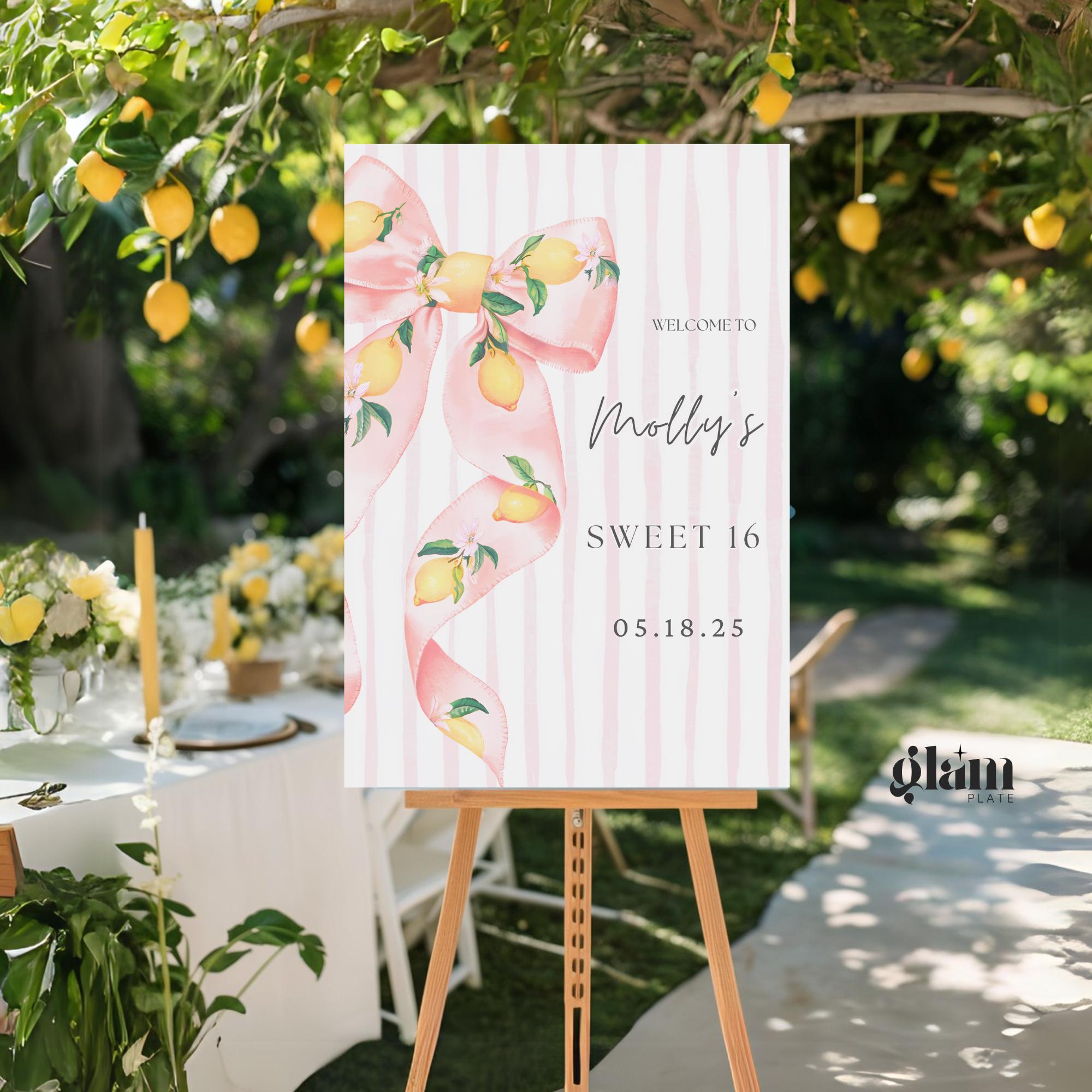 Lemon Welcome Sign Template Sweet 16 Pink Bow Summer Party Sign ...