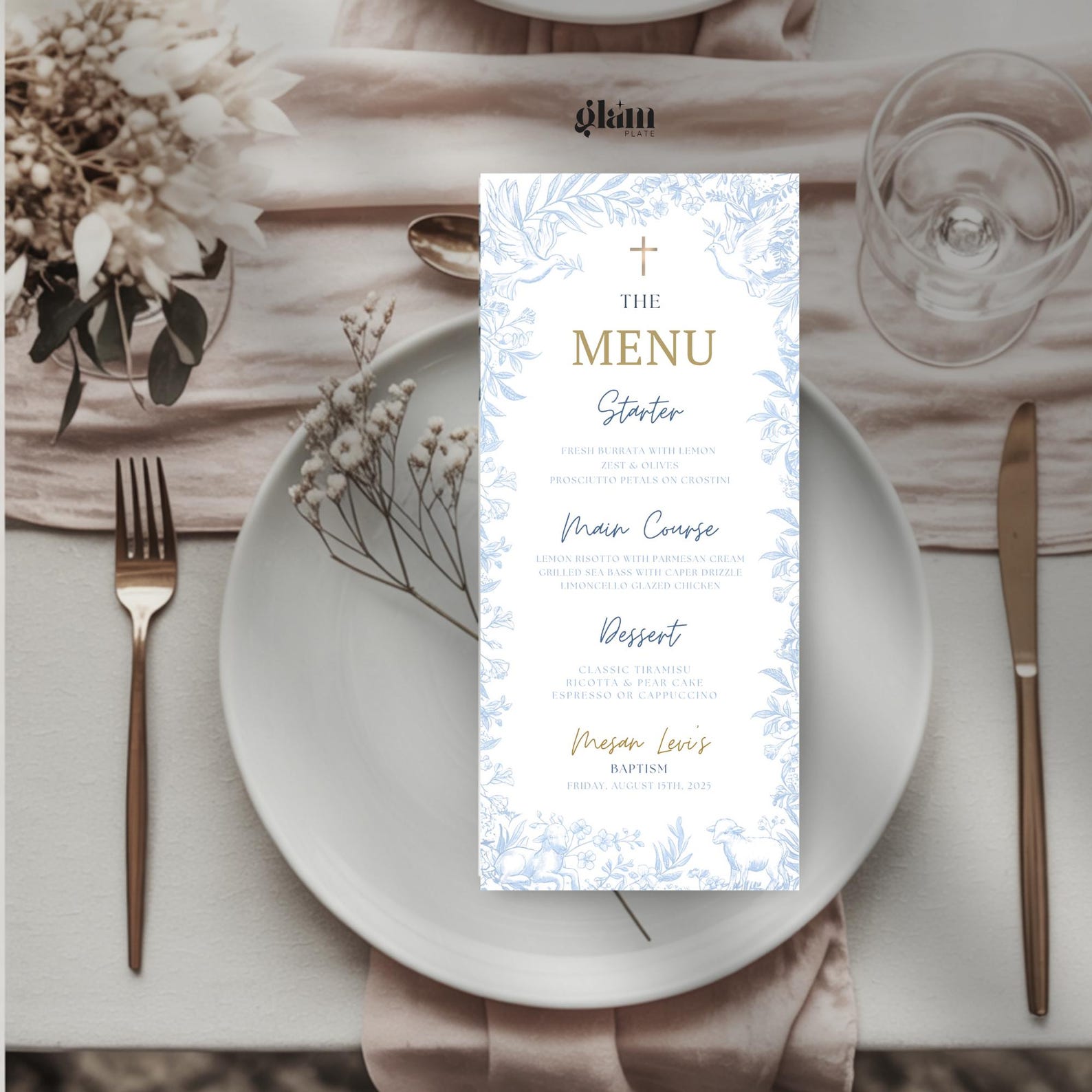 Blue Boys Baptism Toile Style Editable Menu 4x9 Template,modern Boy ...