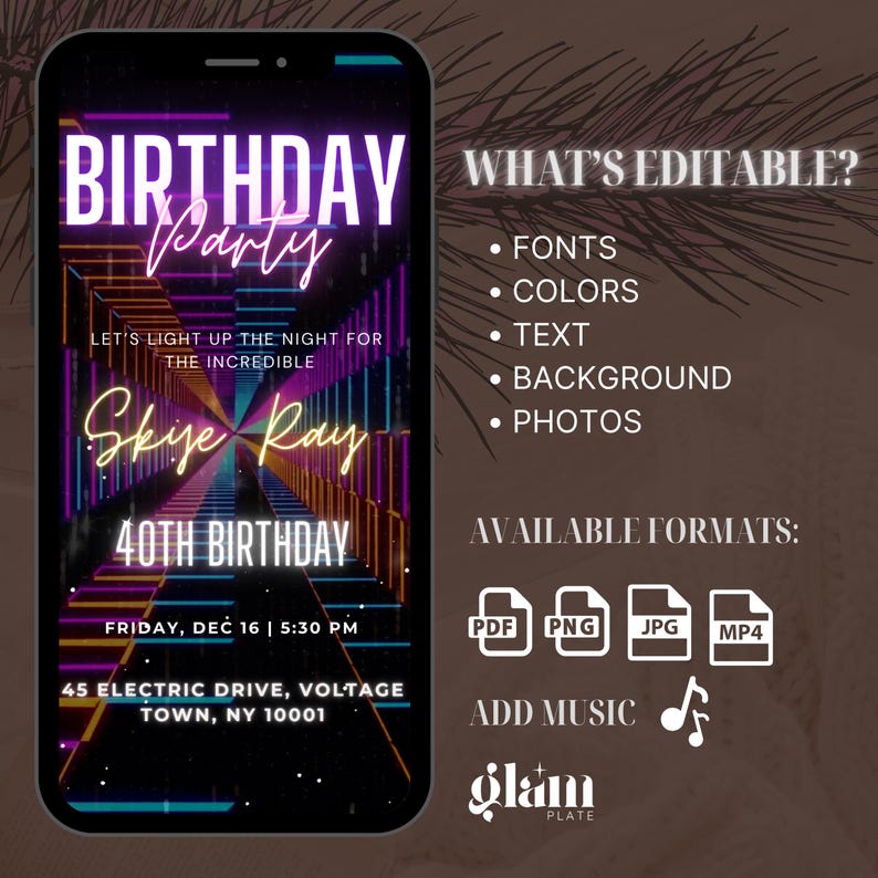 Neon Glow Birthday Invitation Video Template | Editable Canva Party ...