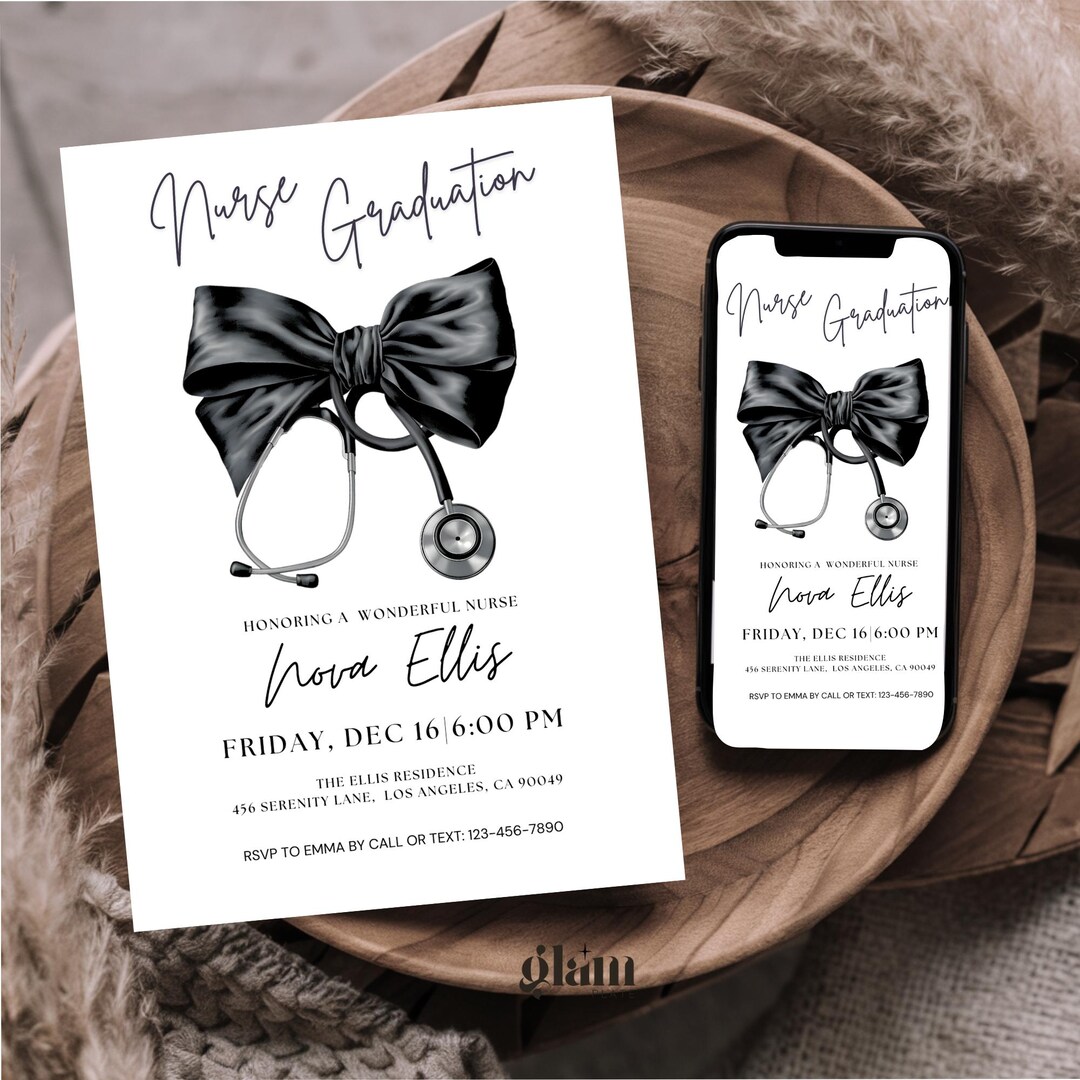 Coquette Nursing Graduation Invites Set| Editable Black Bow RN Grad ...