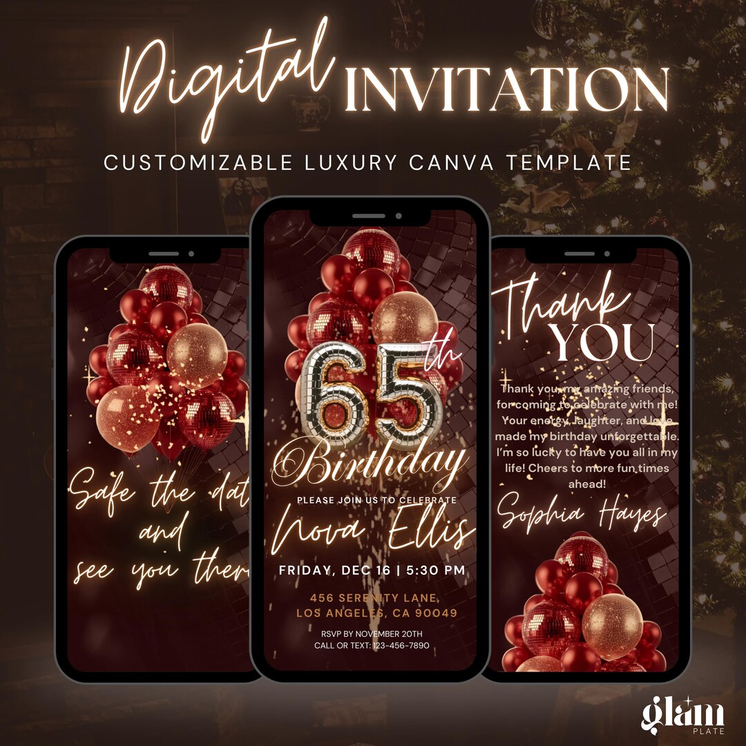 65th Birthday Invitation - Red & Gold Disco Canva Template for Elegant ...