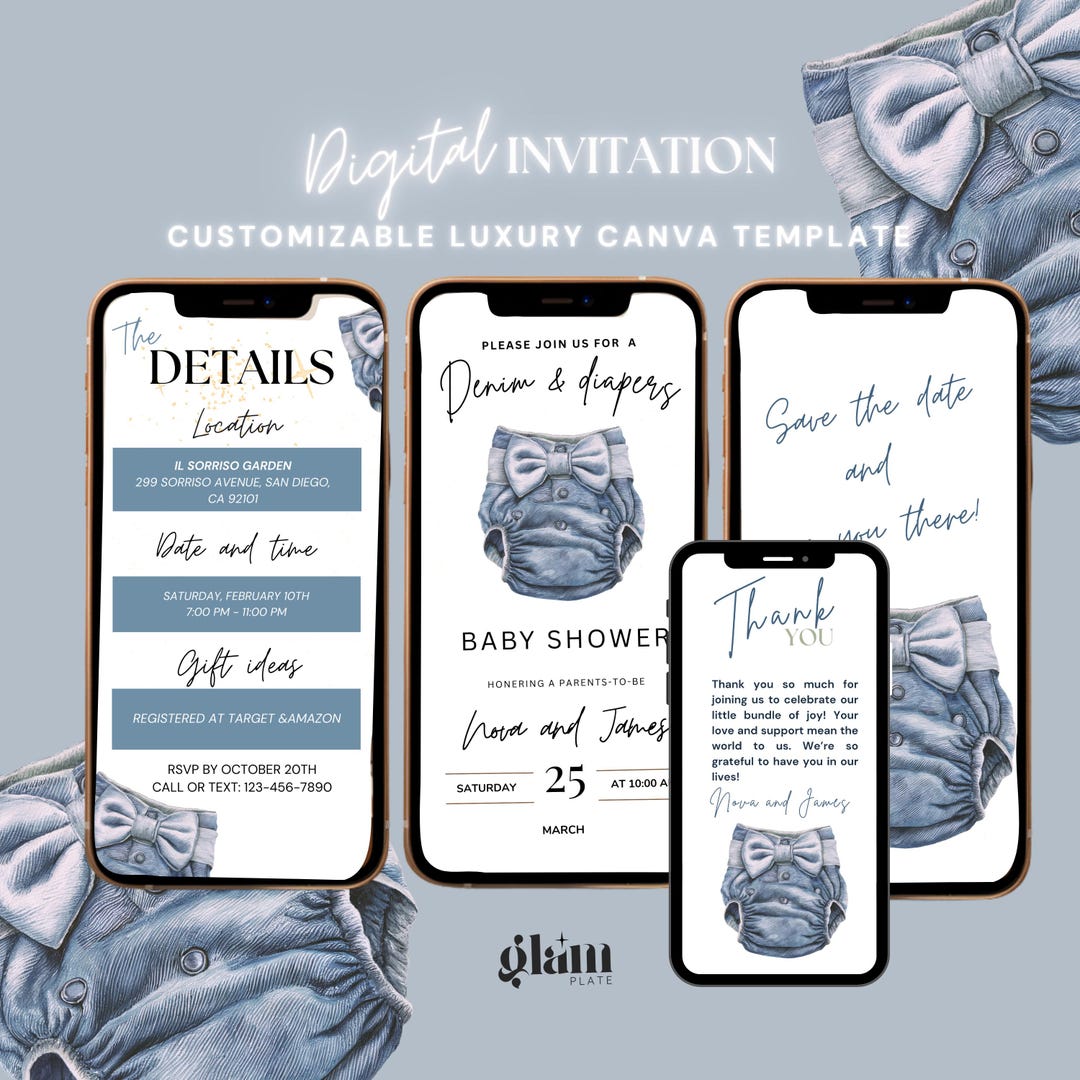 Denim & Diapers Baby Bow Shower Invite – Animated Baby Boy Blue Jean ...