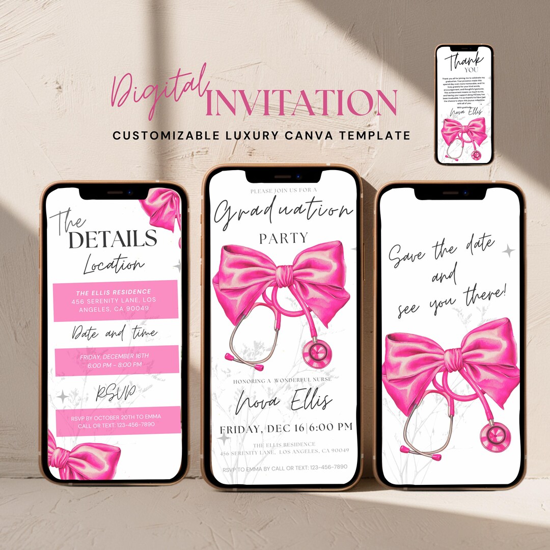 Coquette Nursing Graduation Invites| Editable Pink Bow RN Grad Invite ...