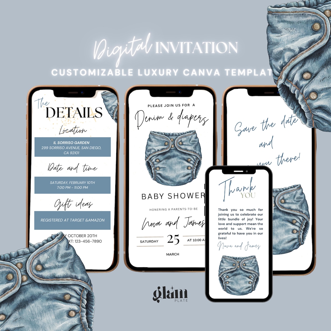 Denim & Diapers Baby Shower Invitation – Animated Baby Boy, Blue Jean ...