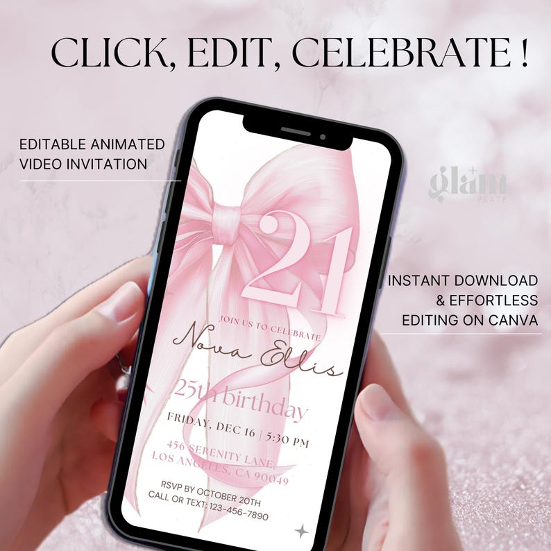 Elegant Pink Bow 21st Birthday Invite– Minimalist Animated Template for ...