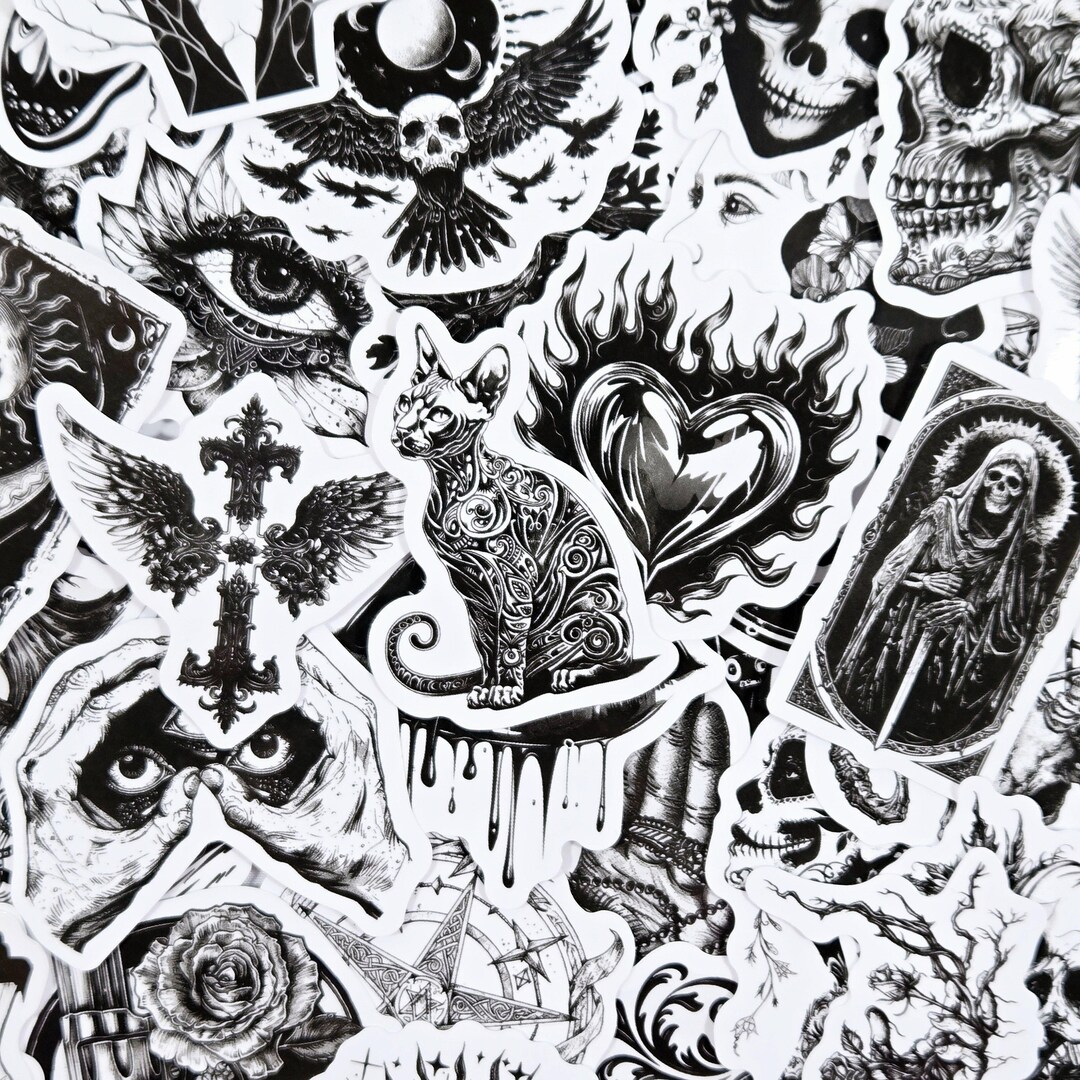 Pack of 50 Black and White Gothic Punk Stickers, Gothic Stickers ...