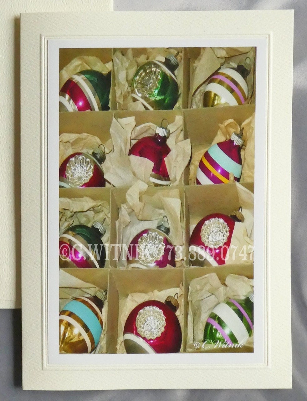 Vintage SHINY BRIGHT Box of ORNAMENTS Christmas Card Photo Card With ...