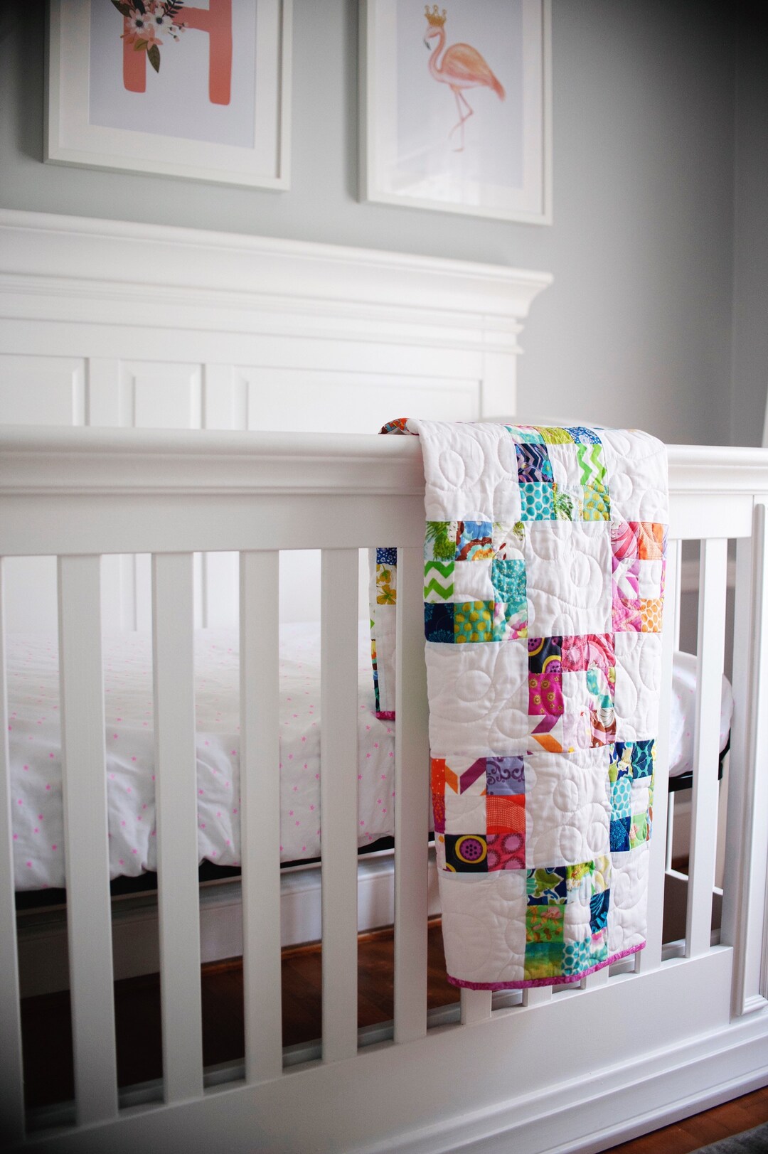 Patchwork Baby Quit- Baby Quilt Handmade, Bright Baby Quilt, White Baby ...