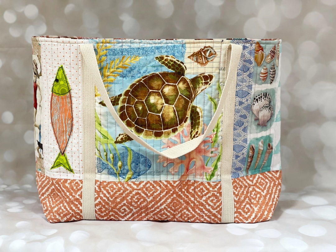 Fish and Sea Turtle Quilted Tote Bag - Fabric Scrap Bag, Eco Friendly ...