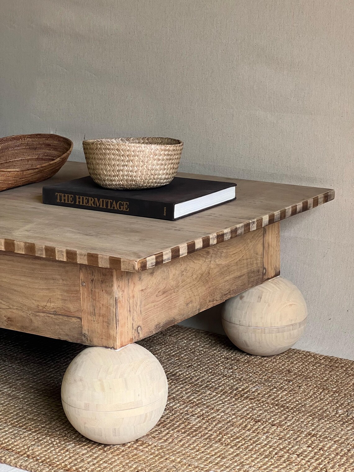 Solid Wood Coffee Table With Ball Legs and Stripe Detail - Etsy