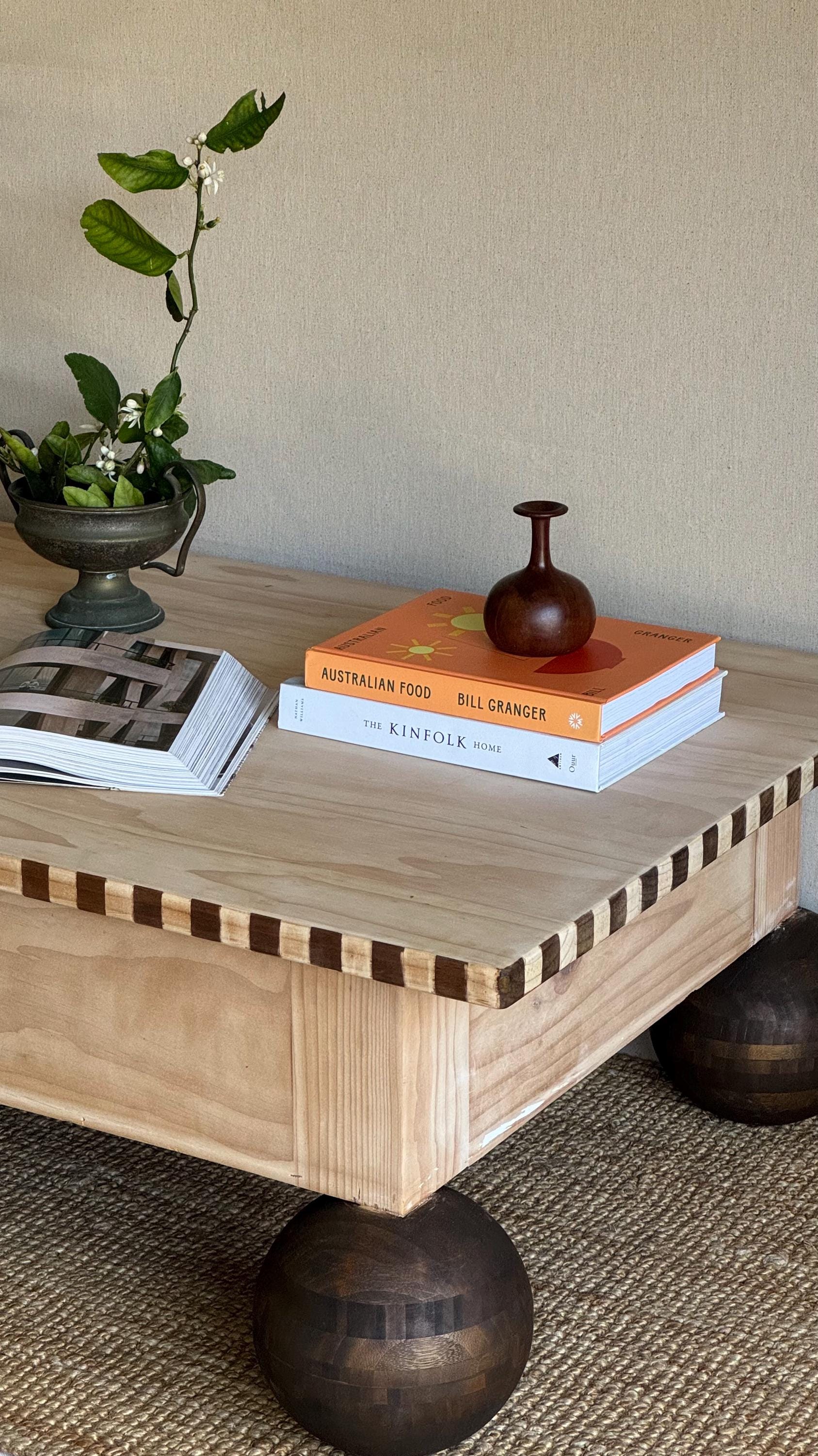 Solid Wood Coffee Table With Ball Legs and Stripe Detail - Etsy