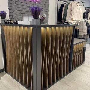 Two-tier Modern Reception Desk With Vertical Wood Accents and ...