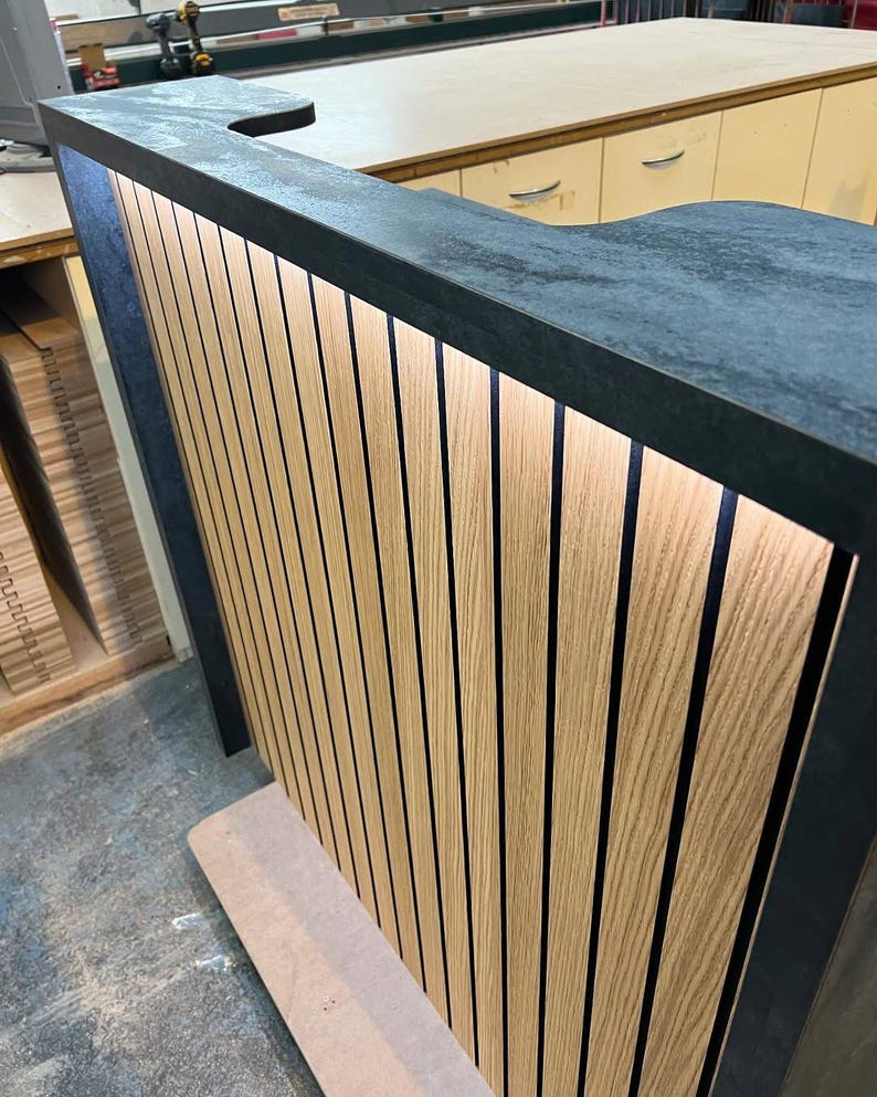 Modern Reception Desk With Vertical Wood Paneling and LED Accent - Etsy