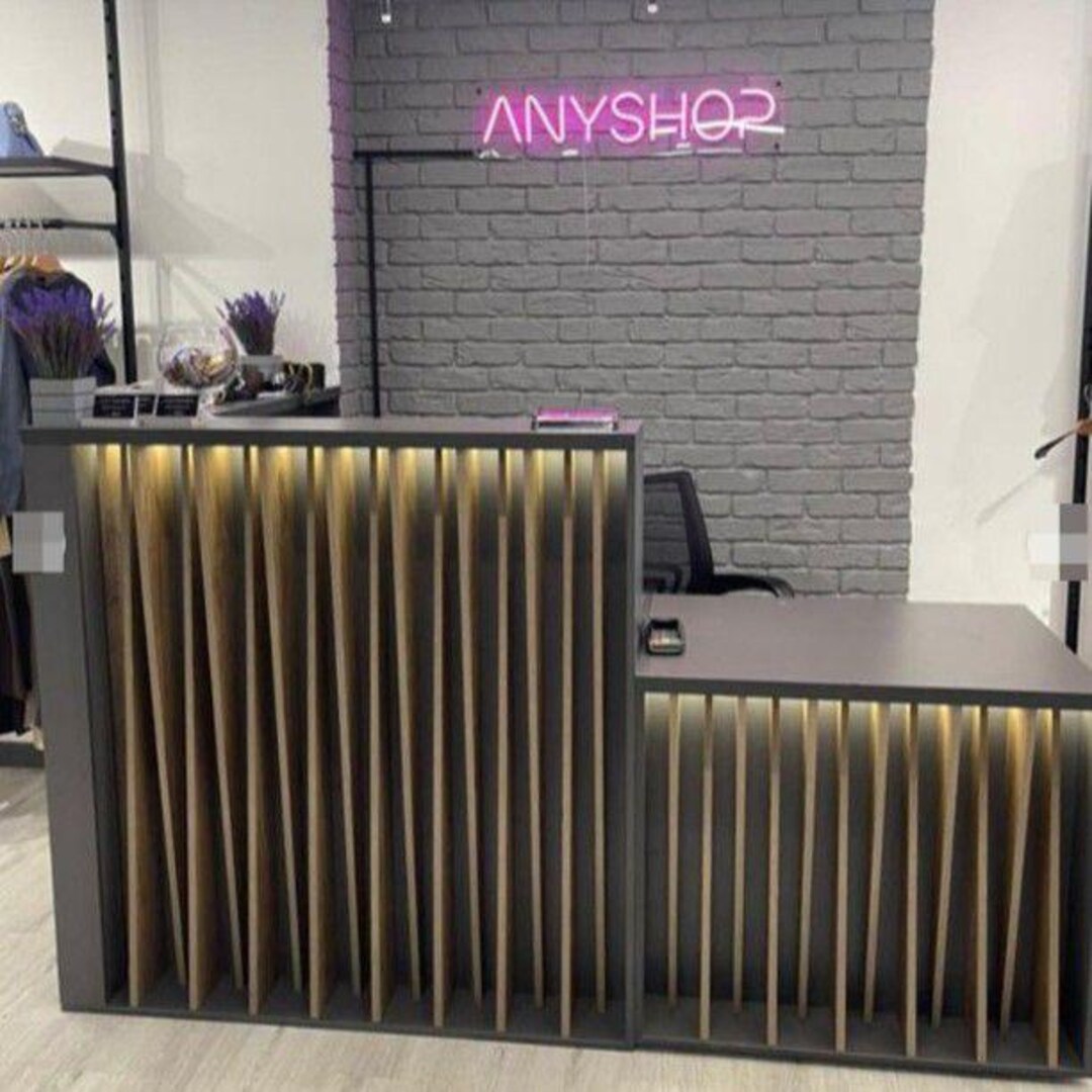 Two-tier Modern Reception Desk With Vertical Wood Accents and ...