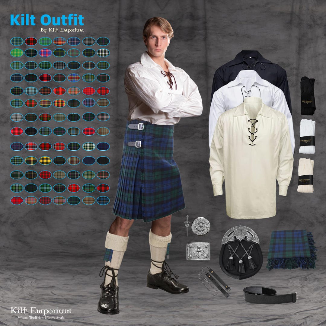 Kilts for Men Thistle Set - 10 Piece 16oz Tartan Complete Outfit by ...