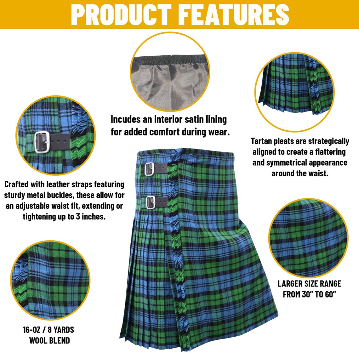 Handcrafted Scottish Tartan Kilt – 8 Yard Acrylic Wool Blend, With Kilt ...