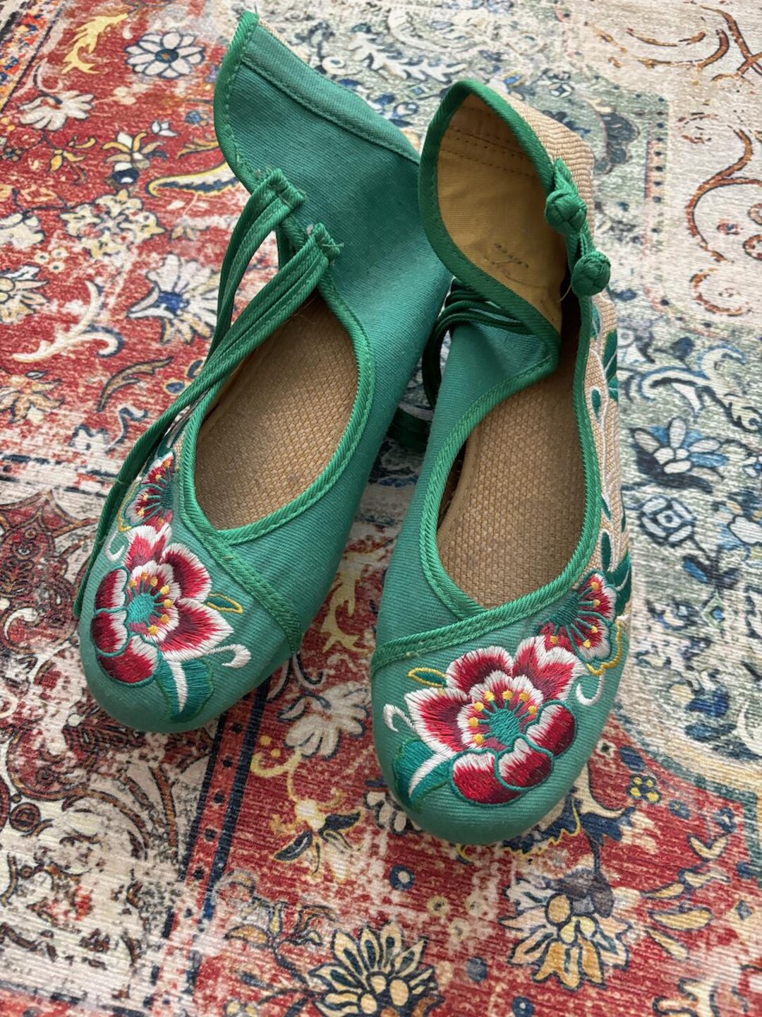 Vintage Chinese Oriental Stacked Heel Slippers Shoes Cloth Embroidered ...