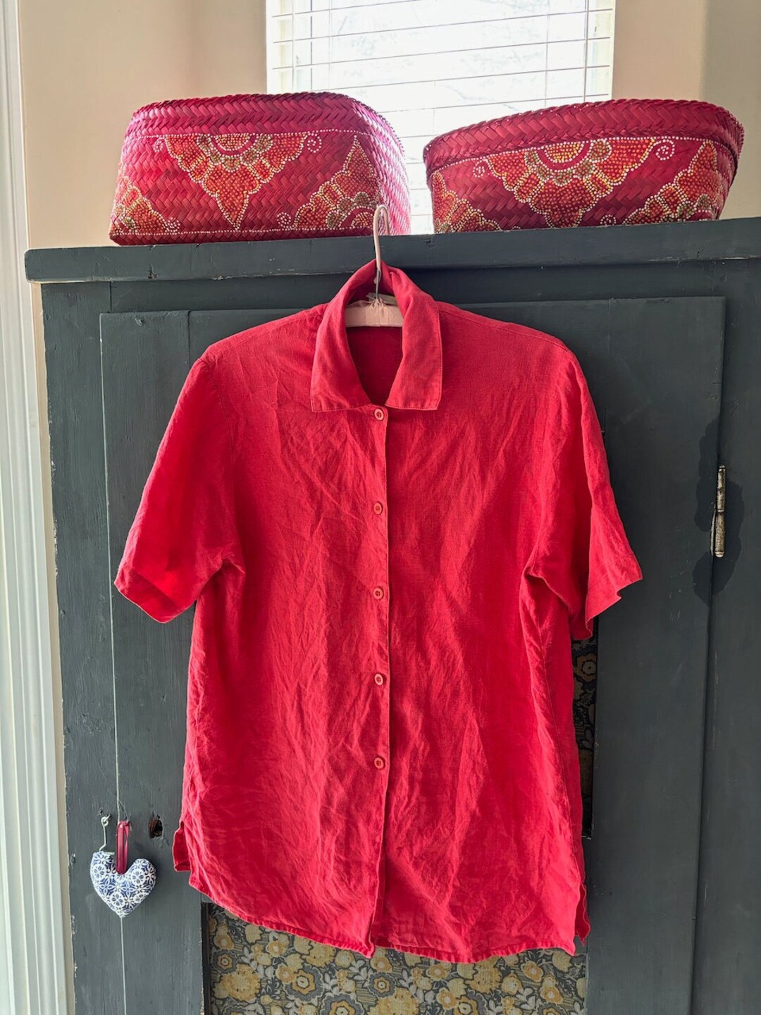 Rare! Vintage 100% Red Lined Ken Done Button up Shirt Top Size Small ...