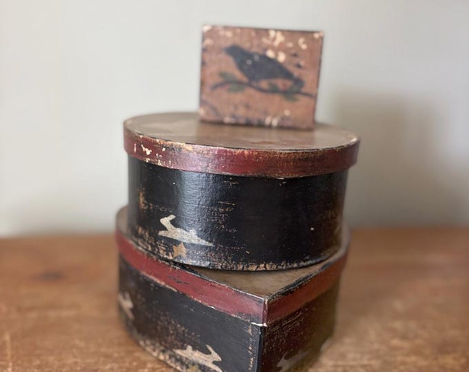 Vintage Primitive Style Stacking Boxes Rabbit Crow Motif Set of 3 Round ...