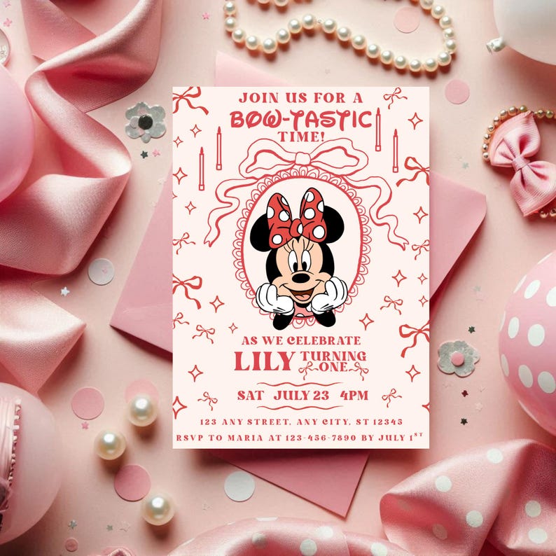 Minnie Mouse Themed Birthday Invitation for Baby Girl, Minnie's Bow-tastic Bday Party Invite ...