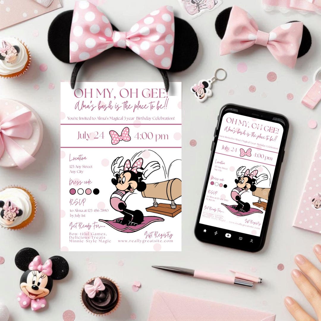 Gymnast Minnie Birthday Bash Invitation, Polka Dot Bow Party Evite for ...