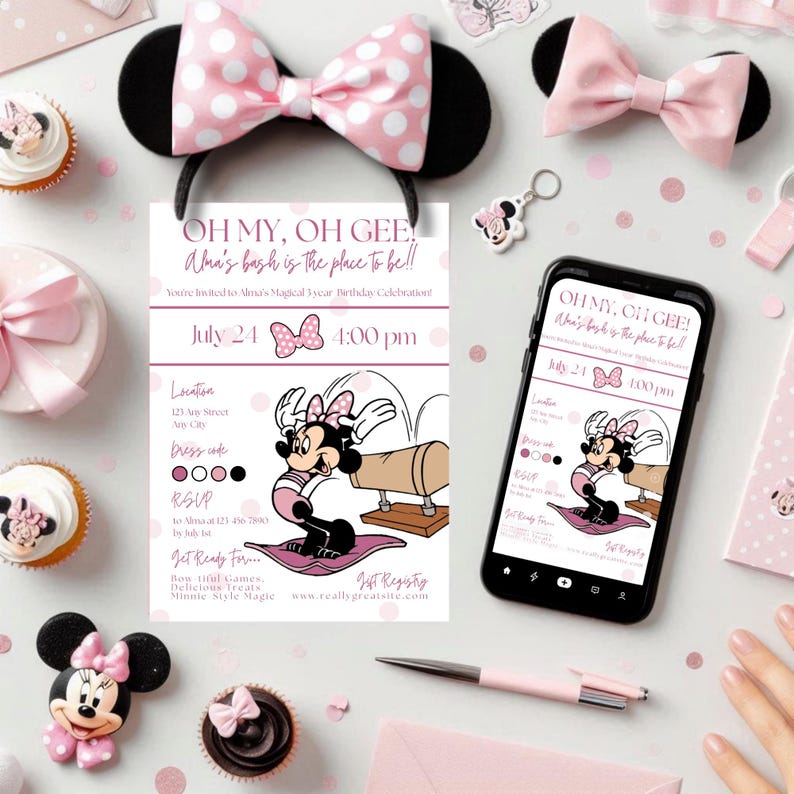 Gymnast Minnie Birthday Bash Invitation, Polka Dot Bow Party Evite for ...