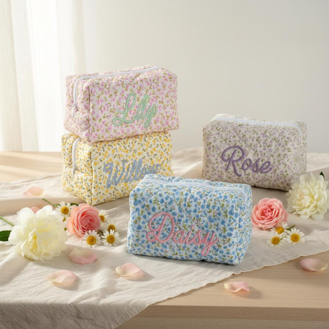Floral Cosmetic Bag With Custom Name, Personalized Toiletry Bag, Pretty ...