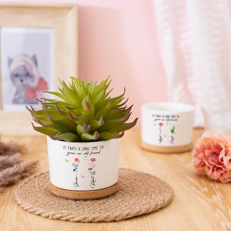 Personalized Birth Flower Plant Pot, Custom Friendship Floral Ceramic ...