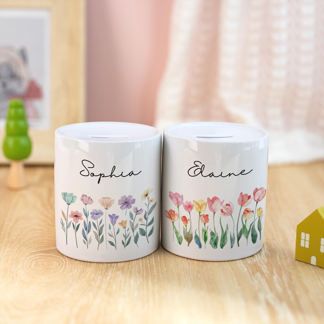 Custom Ceramic Money Box, Flower Money Box, Custom Piggy Bank With Name ...