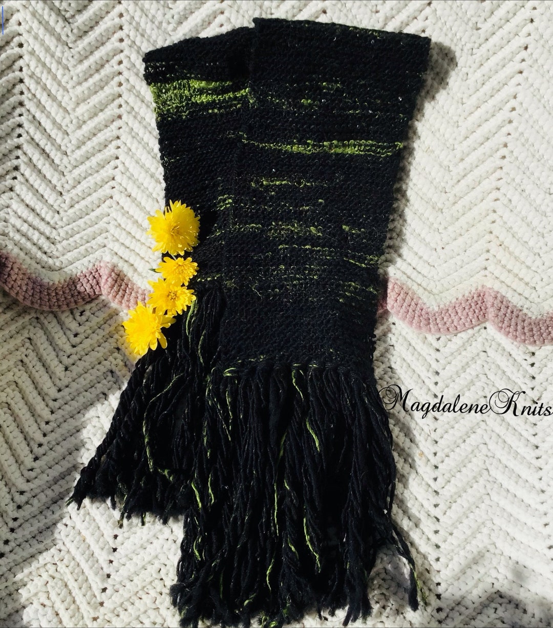 Hand Knit Art Yarn Scarf Black Greens - Etsy