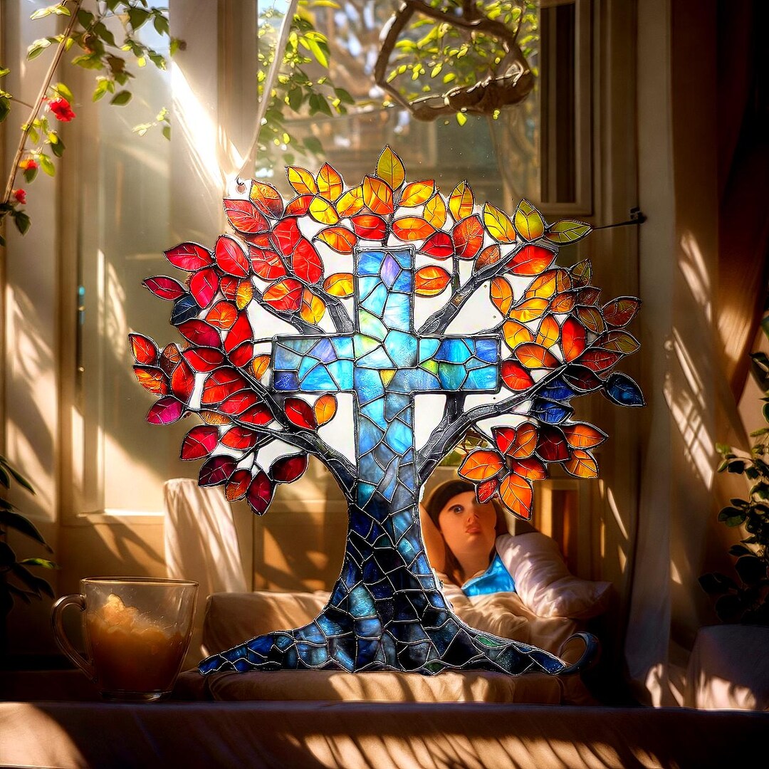 Cross Tree of Life Acrylic Ornament, Jesus Christ Hanging Window Decor ...