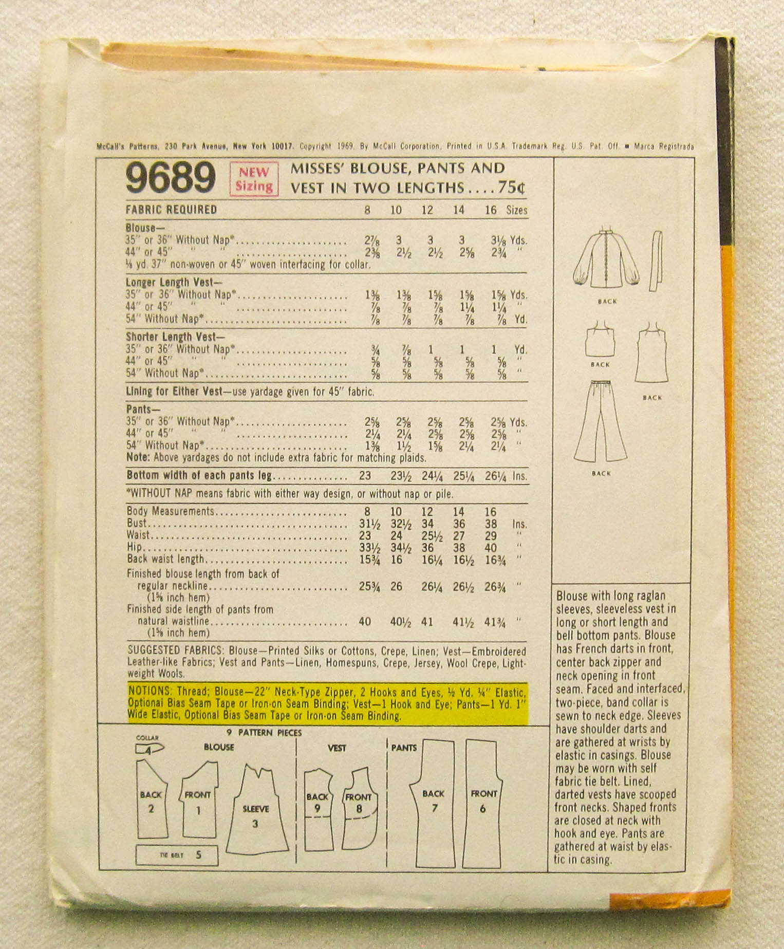 Vintage Sewing Pattern UNCUT Mccalls 9689 Size 12 Blouse Vest Pants - Etsy