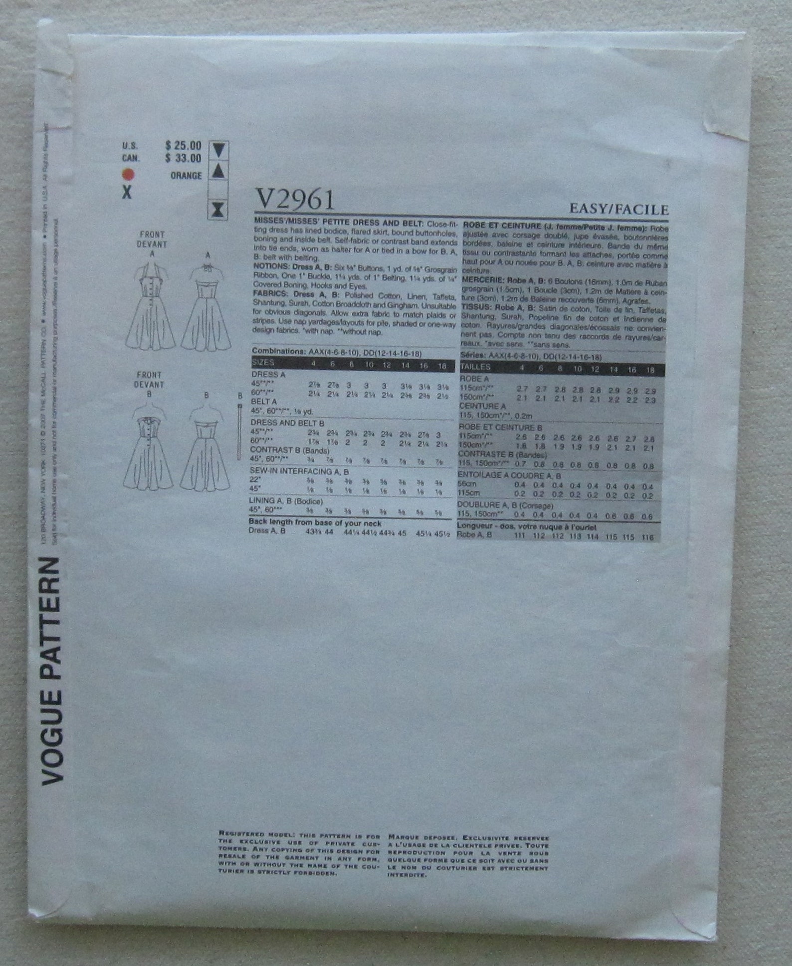 Vogue Sewing Pattern UNCUT V2961 Sizes 12-18 Dress - Etsy