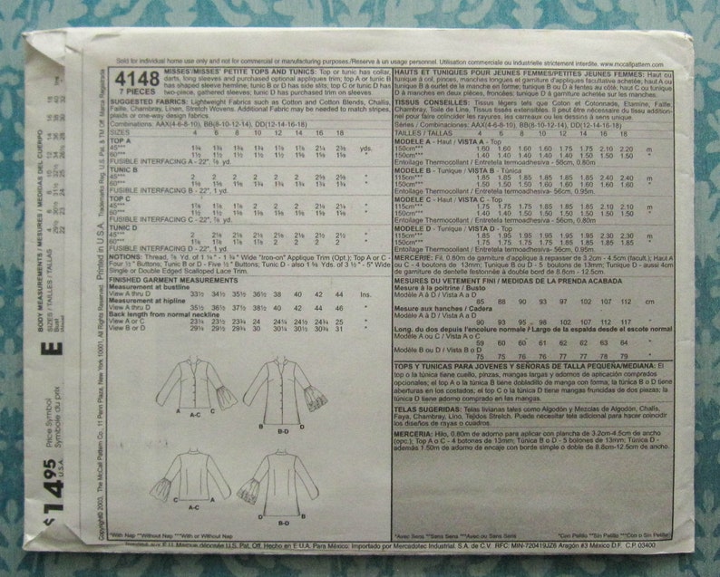 Tunic Sewing Pattern UNCUT Mccalls 4148 Womens Size 4 6 8 10 - Etsy