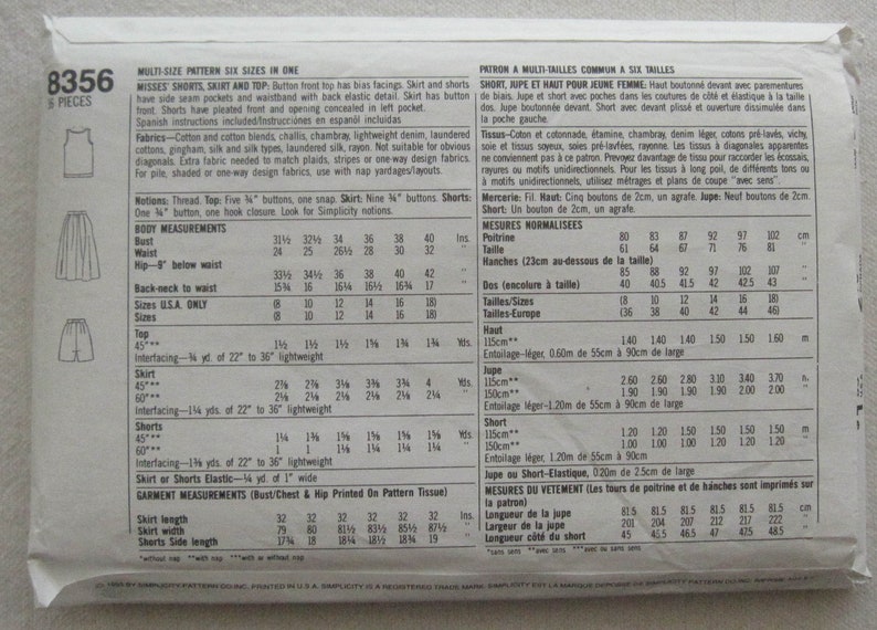 Simplicity Sewing Pattern UNCUT 8356 UNCUT Size 8-18 Top Skirt | Etsy