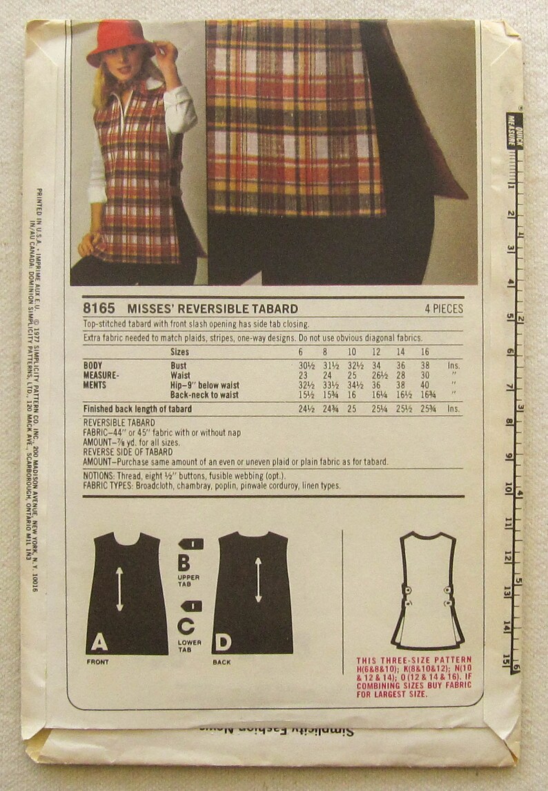 Vintage Sewing Pattern UNCUT Simplicity 8165 Size 10-14 Tabard - Etsy